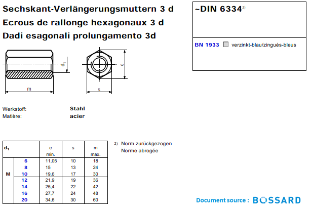 ECROU DE RALLONGE HEXAGONAL M12 3D Z.BLANC DIN 6334