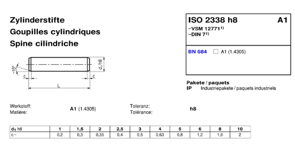 ISO 2338B - h8 - Inox A1 - Goupille Cylindrique Décolletée - Goupilles