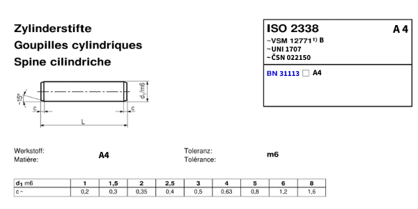 ISO 2338A - m6 - Inox A4 - Goupille Cylindrique Rectifiée - Goupilles