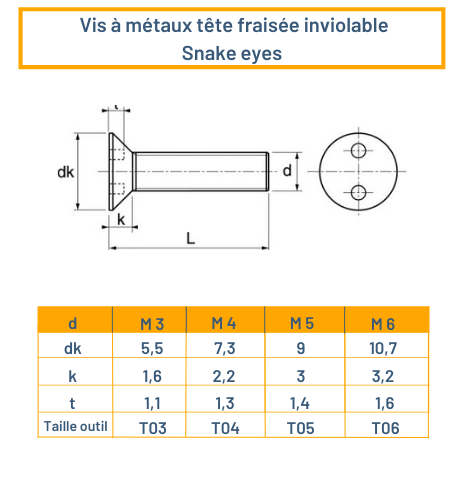 VIS INVIOLABLE TF 2 TROUS "SNAKE EYES" M3X10 INOX