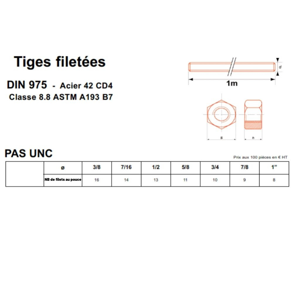 Tige Filetée 3/8 UNC Acier B7